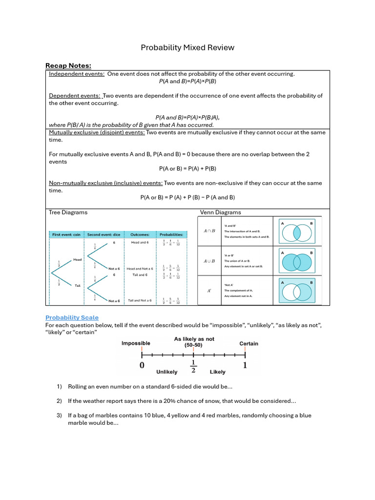 Probability Mixed Review Workshseet 1 | PDF | Probability