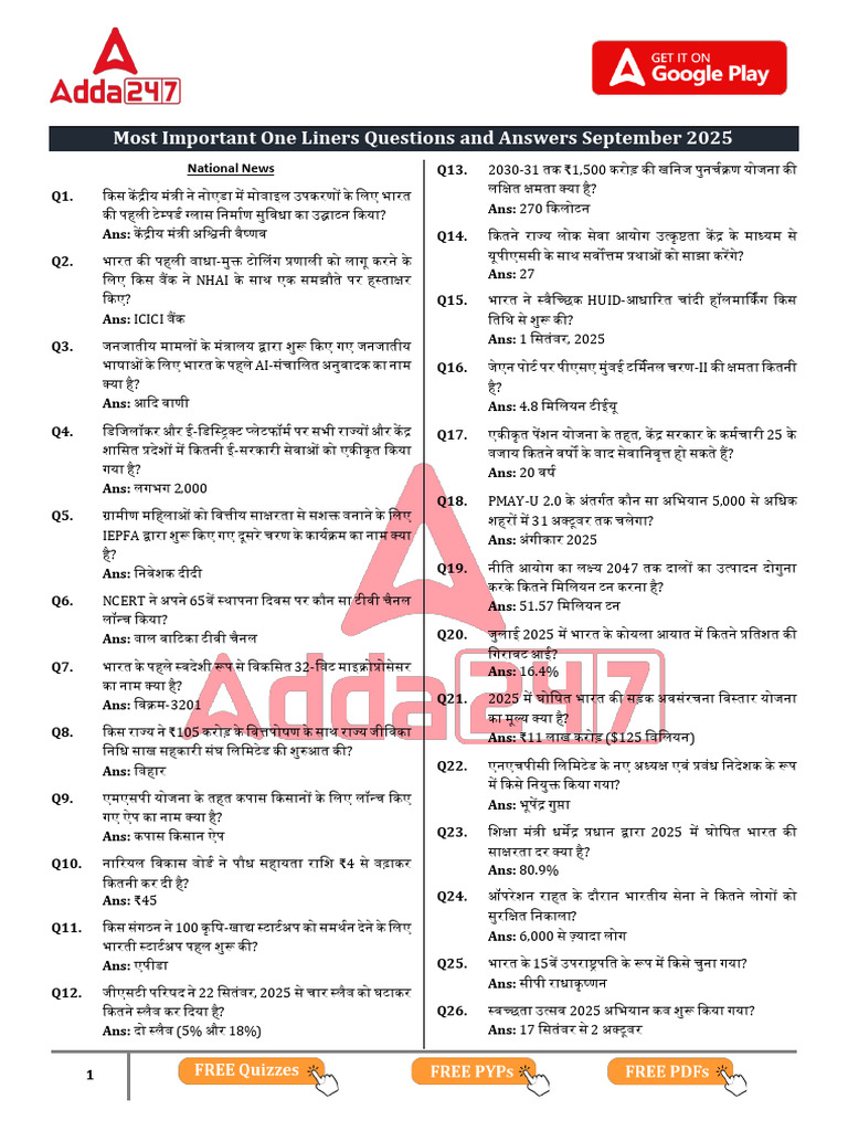 Most Important One Liner Questions and Answers September 2025 | PDF