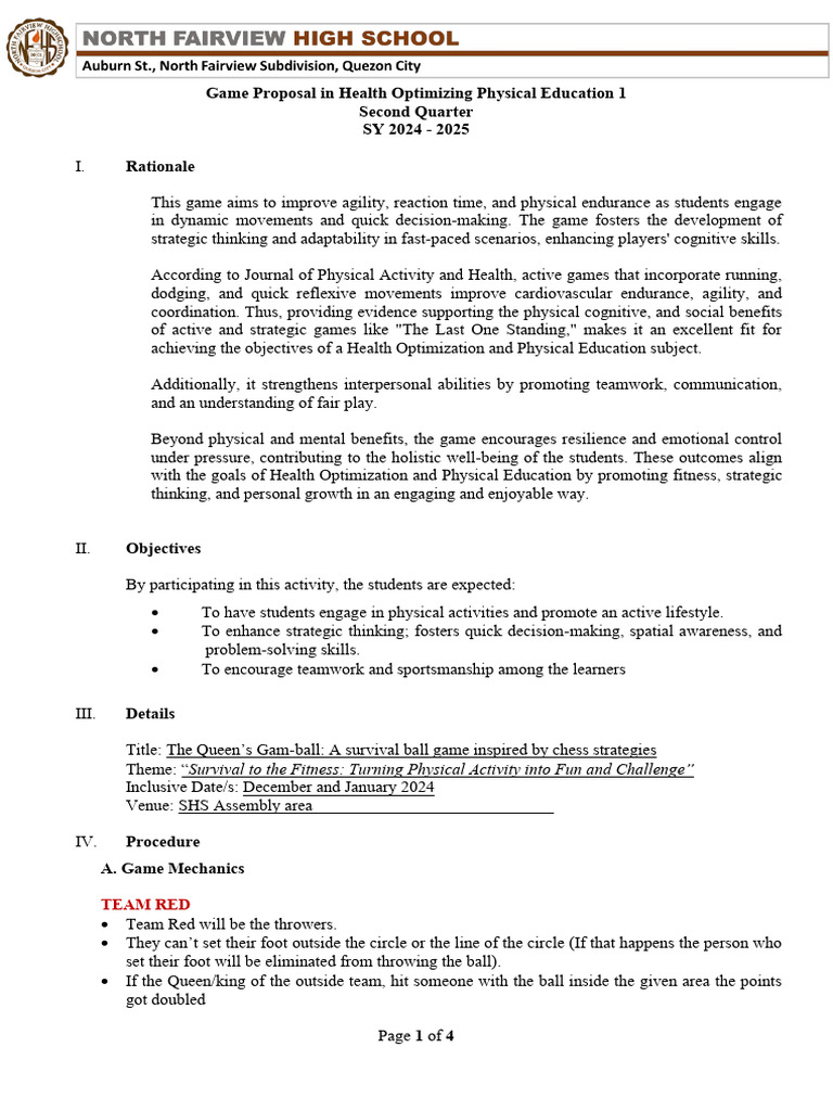 Sample Game Proposal | PDF | Physical Education | Physical Fitness