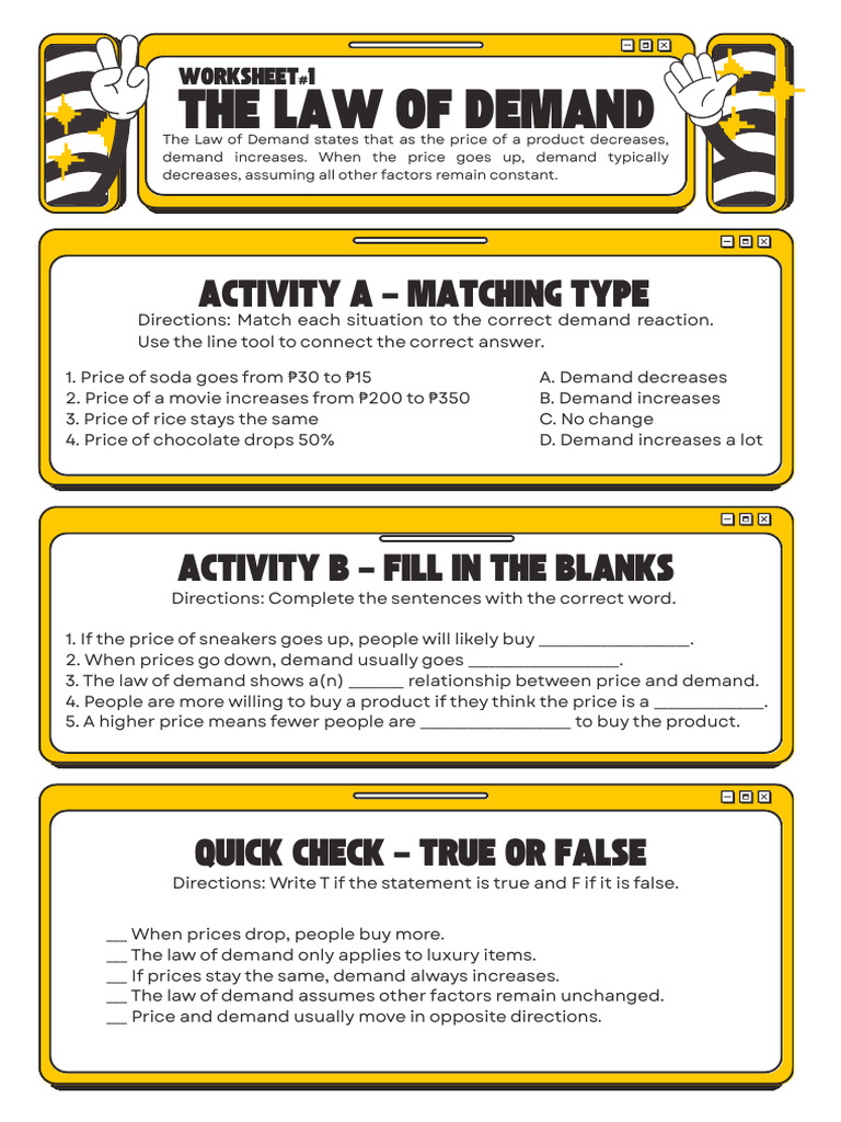 The Law of Demand Worksheet in Yellow and Black Bold Schematic Style | PDF