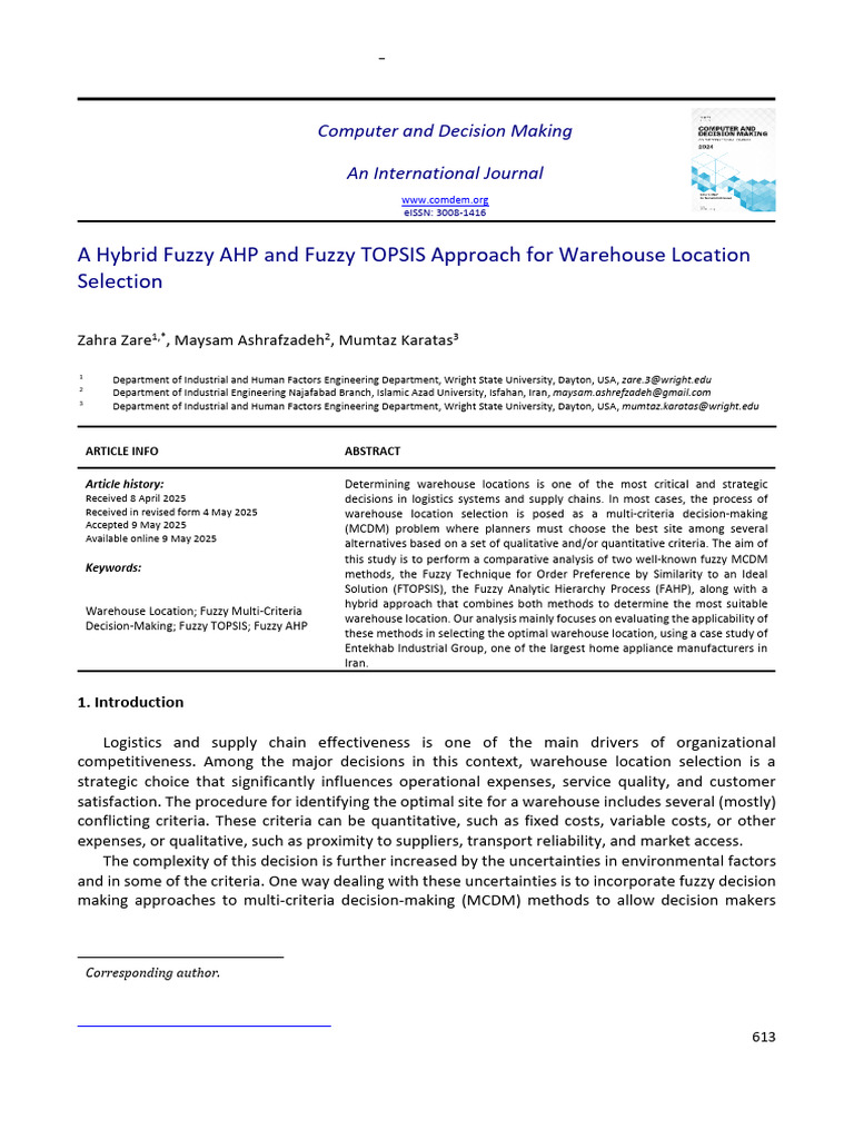 Hybrid Fuzzy AHP & Fuzzy TOPSIS Approach For Warehouse Locaion ...