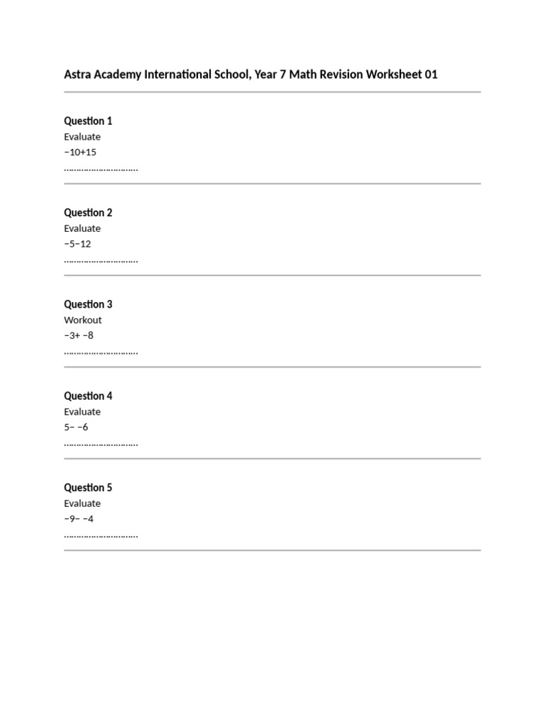 Year 7 Math Revision Worksheet | PDF