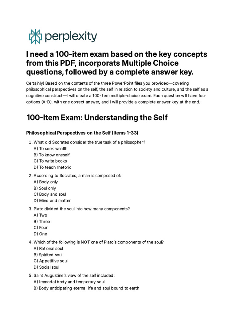 I Need A 100-Item Exam Based On The Key Concepts F | PDF | Self Esteem ...