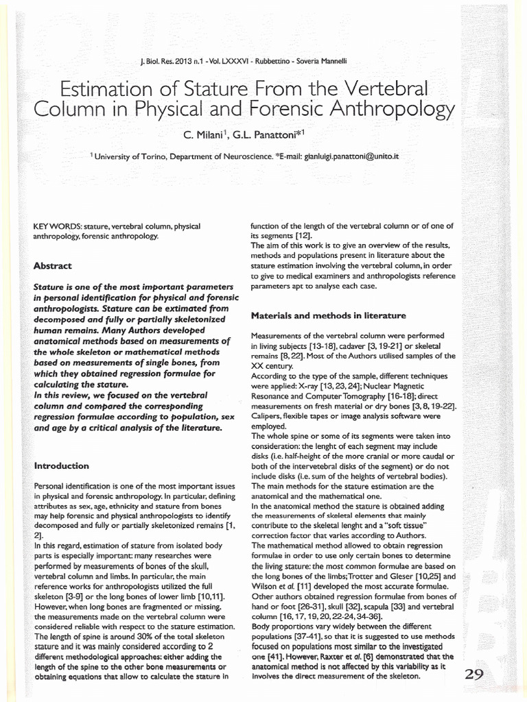 Stature Estimation Using Vertebral Column | PDF | Vertebra | Skeletal System