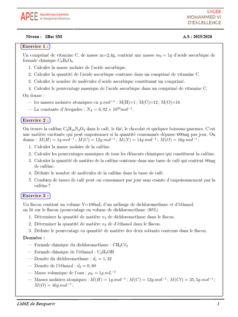 Exercices de Chimie pour 1Bac SM | PDF | Chimie | Potassium