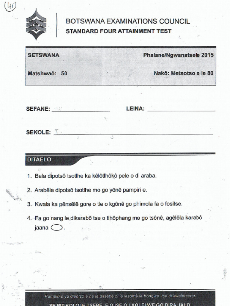 Bec STD 4 Attainment Test - Setswana 2015 | PDF