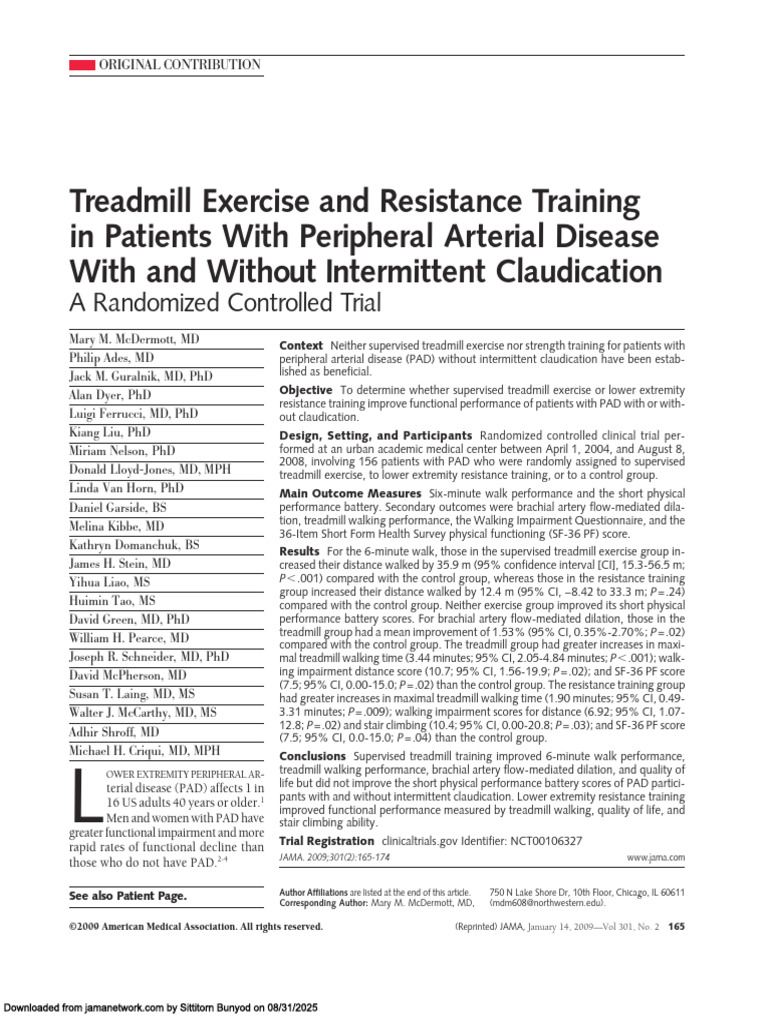Treadmill Exercise and Resistance Training in Patients With Peripheral ...