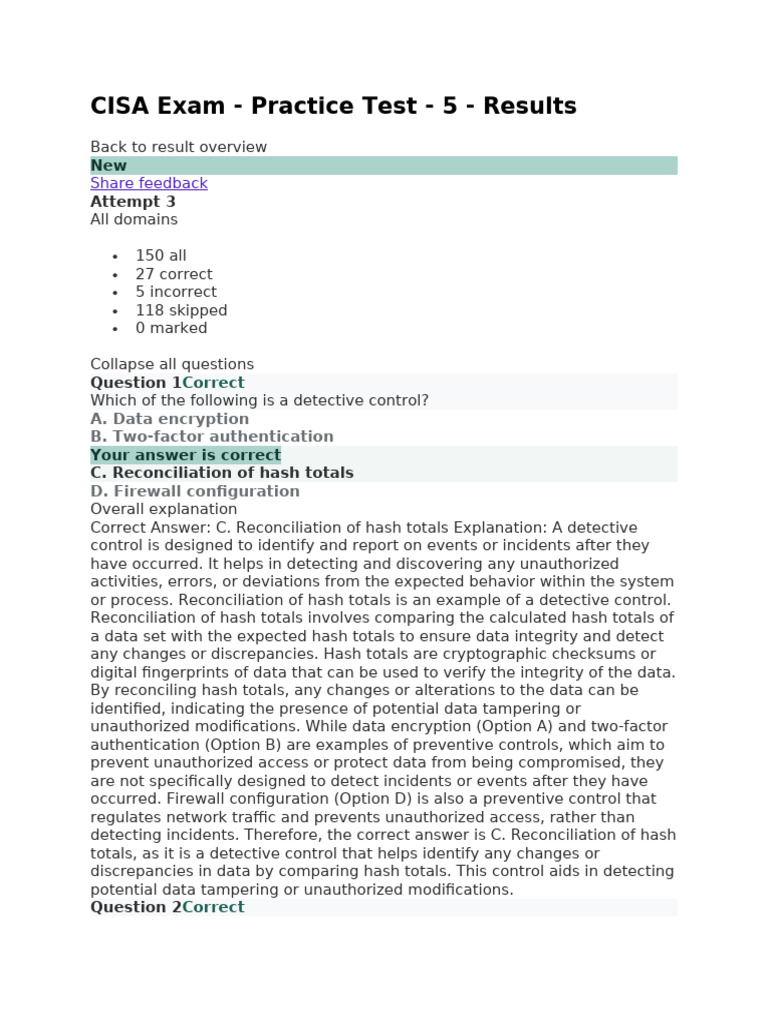 CISA Exam Practice Test Results Summary | PDF | Security | Computer ...