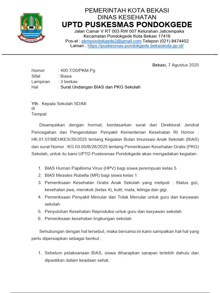 Surat Undangan Pelaksanaan BIAS Dan PKG Sekolah | PDF
