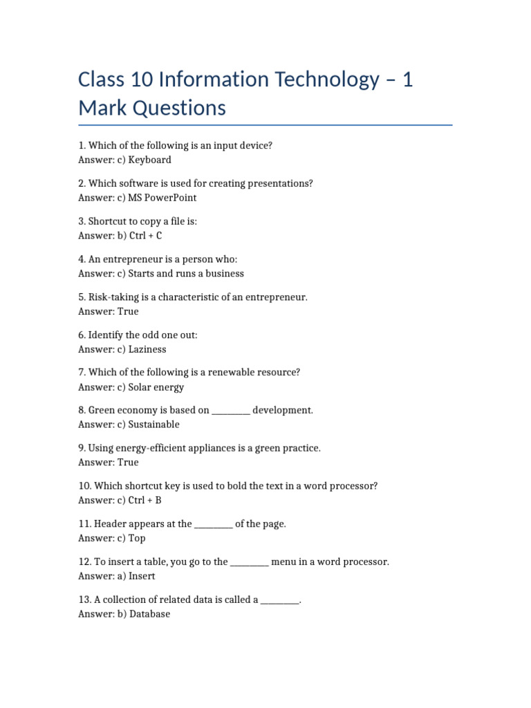 Class 10 IT Questions and Answers | PDF