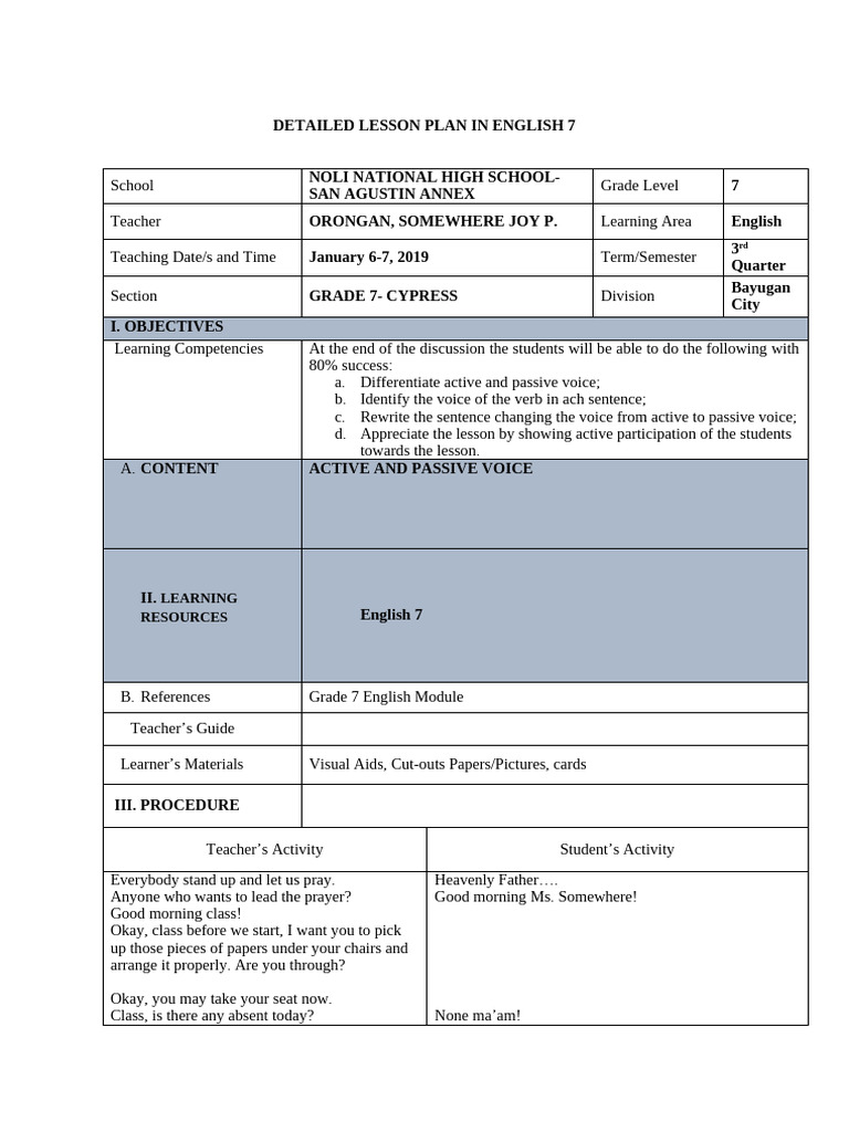 Active and Passive Voice Lesson Plan | PDF | Subject (Grammar) | Verb