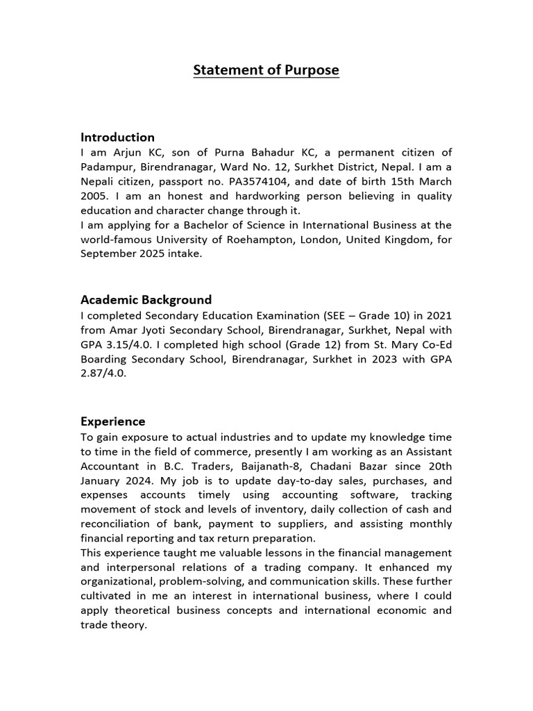 Arjun KC Statement of Purpose (1) | PDF | Nepal | University