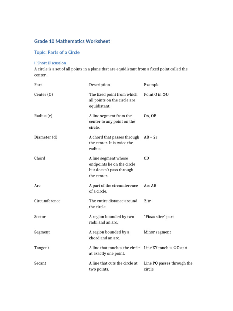 Grade 10 Circle Parts Worksheet | PDF | Circle | Diameter