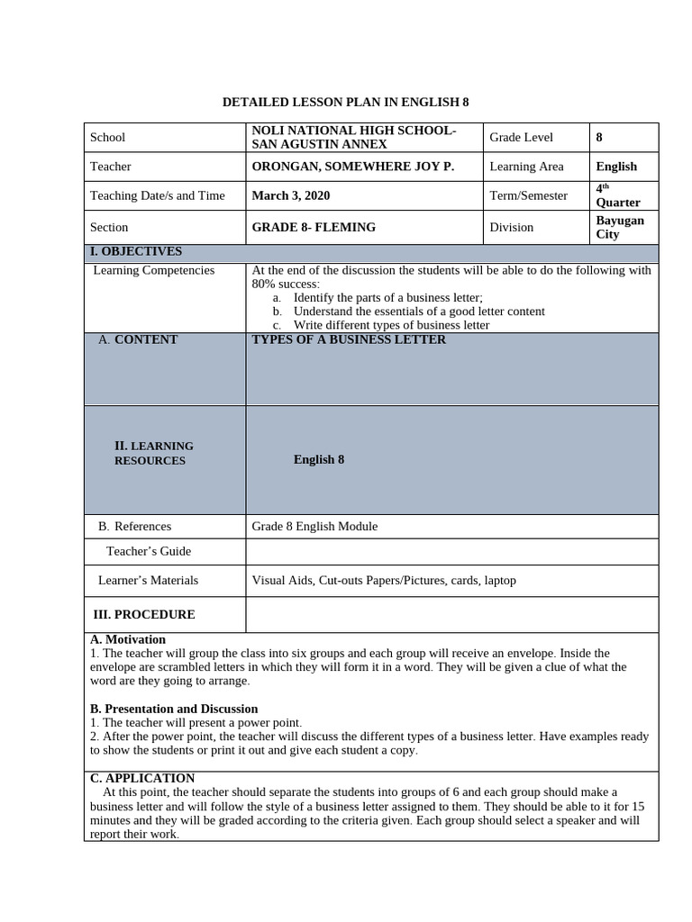 English 8 Business Letter Lesson Plan | PDF | Lesson Plan | Teachers