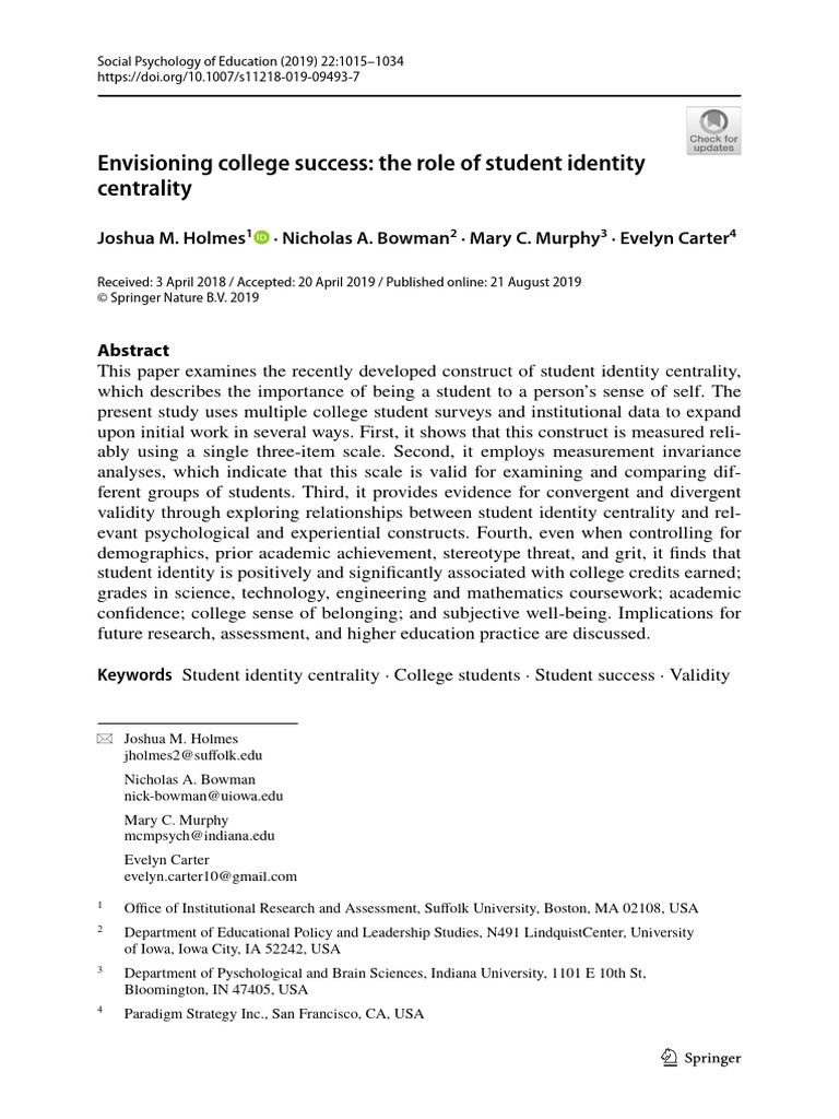 Envisioning College Success: The Role of Student Identity Centrality ...
