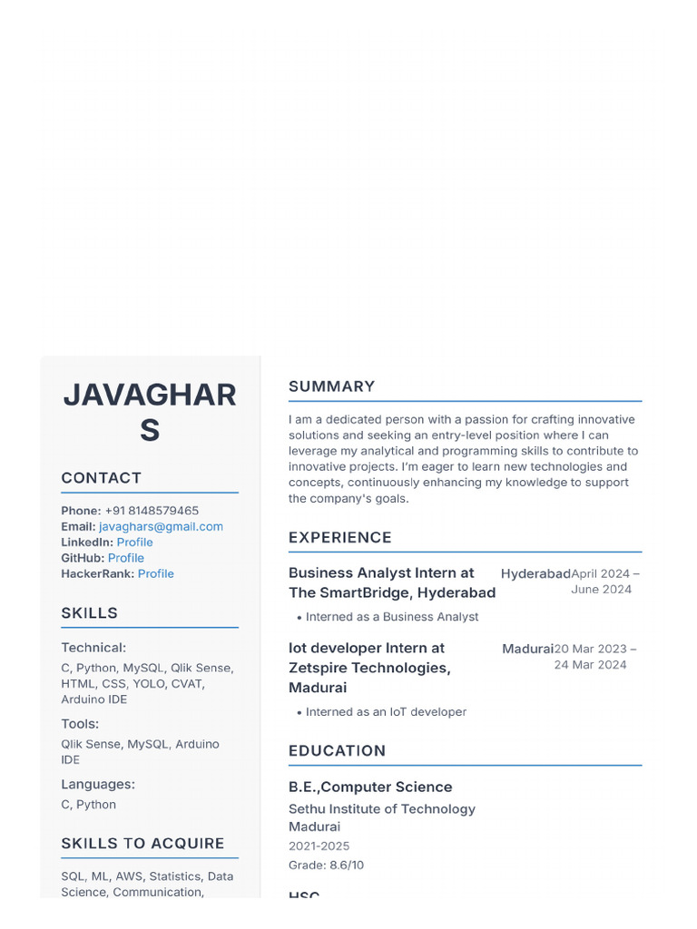 JAVAGHAR S Original Two Column Resume | PDF