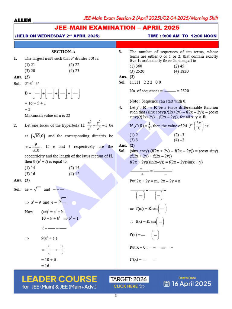 JEE Main 2025 Mathematics Test Solutions | PDF | Mathematics ...