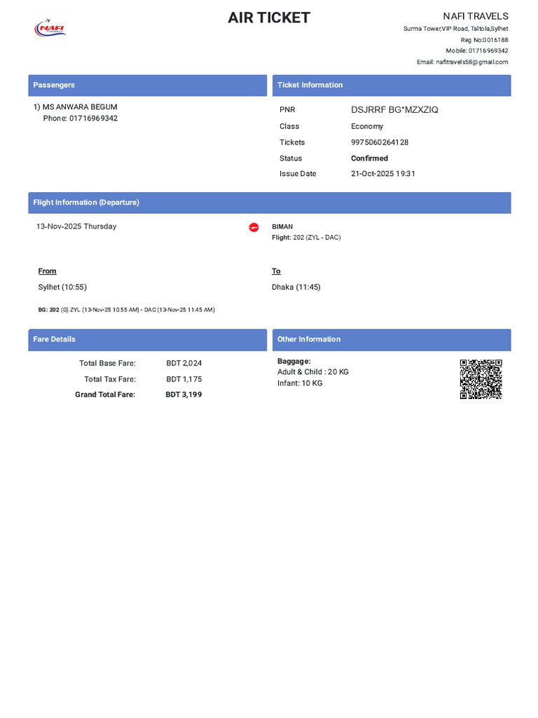 Confirmed Air Ticket for Anwara Begum | PDF