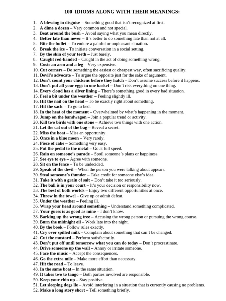 100 Common Idioms and Their Meanings | PDF