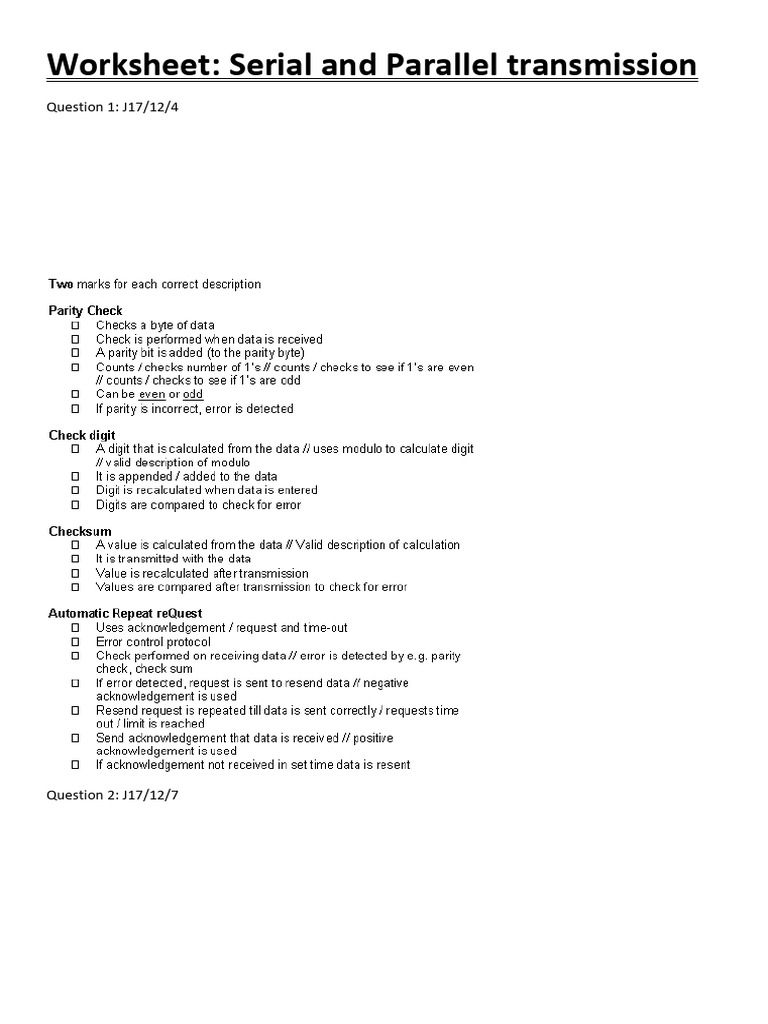 Worksheet 1.2.1 Data Transmission With Solution | PDF | Error Detection ...