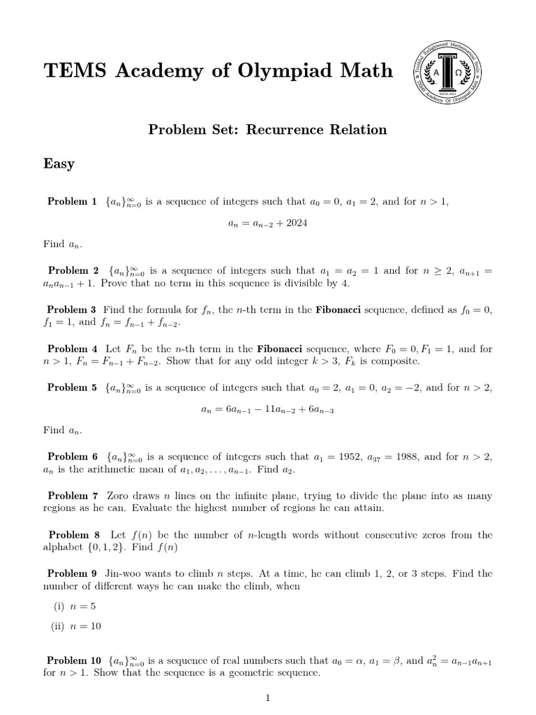 TEMS Recursion Pset (1) | PDF | Sequence | Numbers