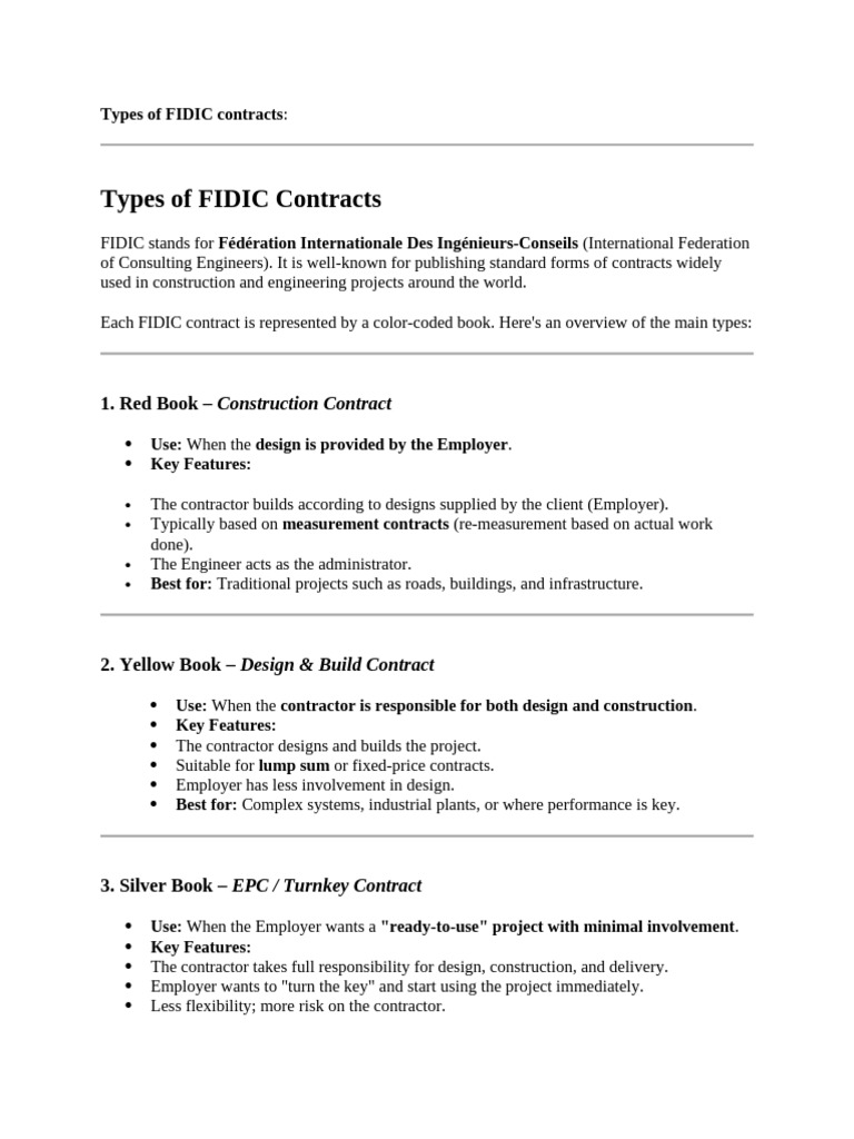Overview of FIDIC Contract Types | PDF | Employment | Consultant