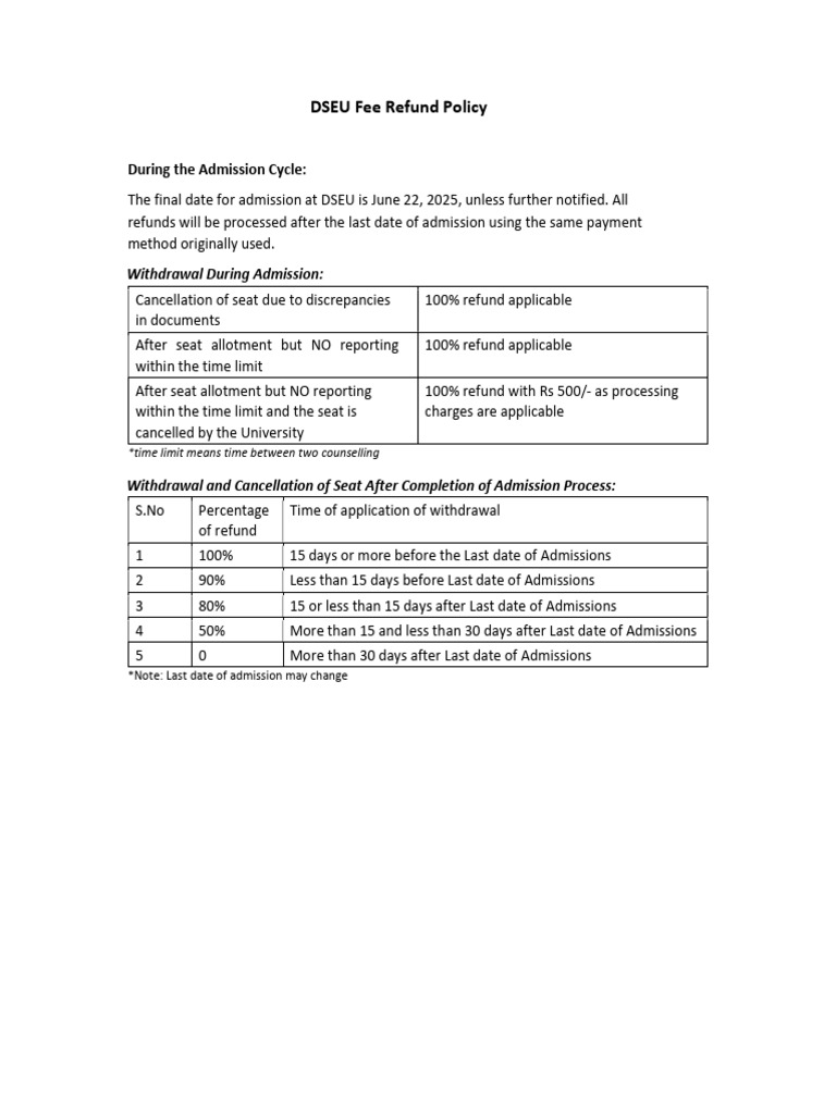 DSEU Fee Refund Policy 2025 | PDF