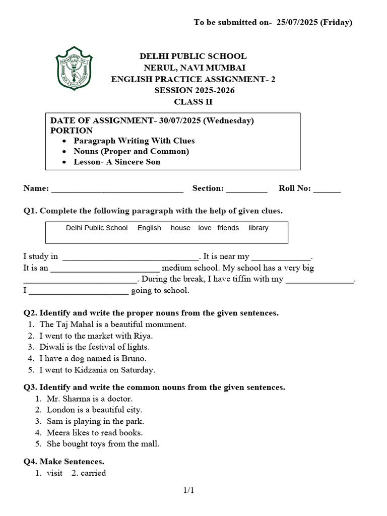 Class II English Practice Assignment | PDF