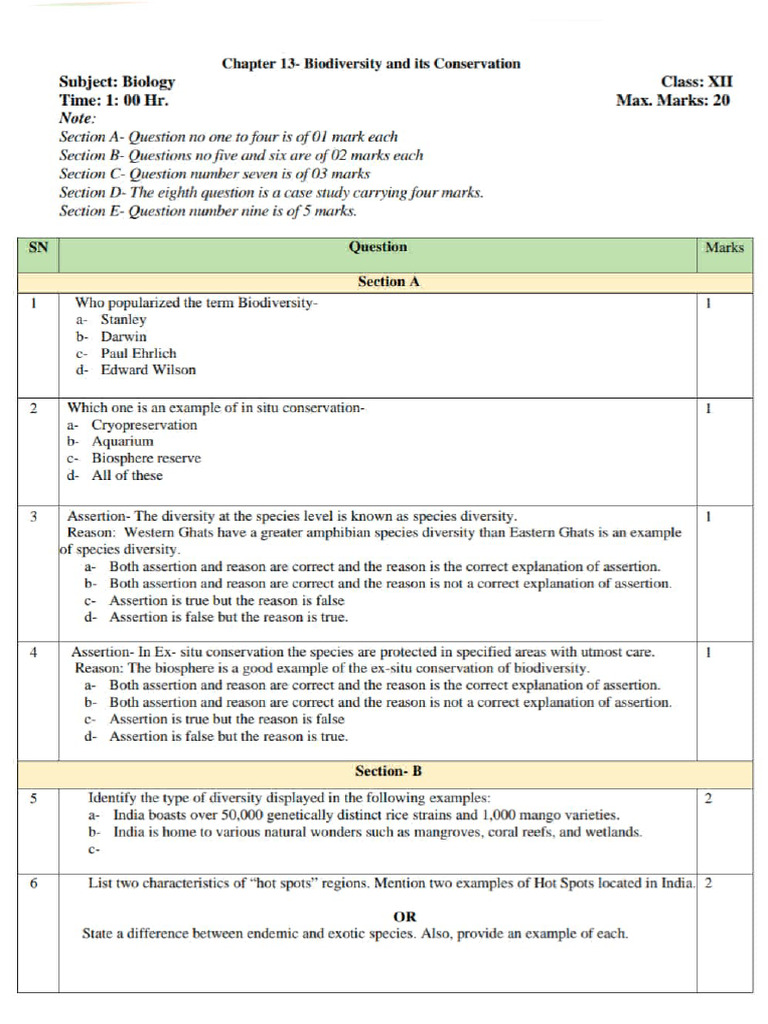 Chapter 13- Biodiversity and Its Conservation Questions | PDF ...