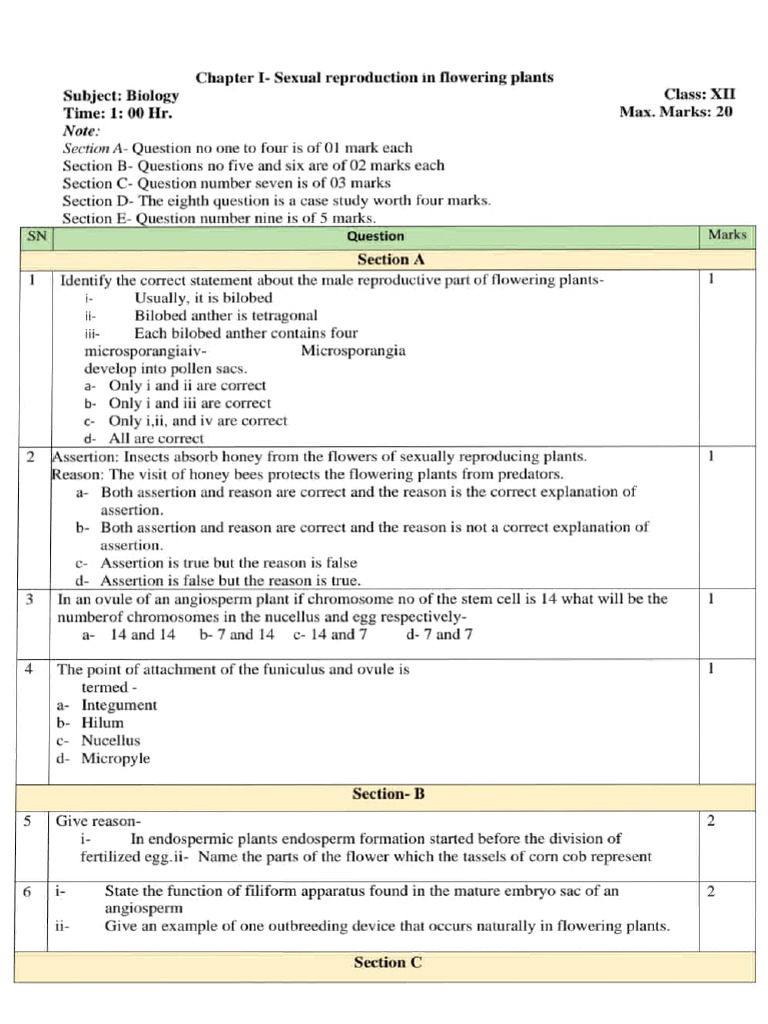 Chapter I - Sexual Reproduction in Flowering Plants Questions | PDF ...