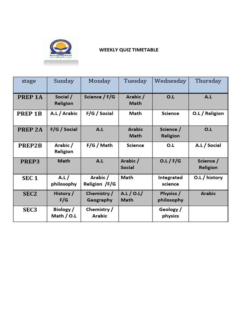 Weekly Quiz Schedule Overview | PDF