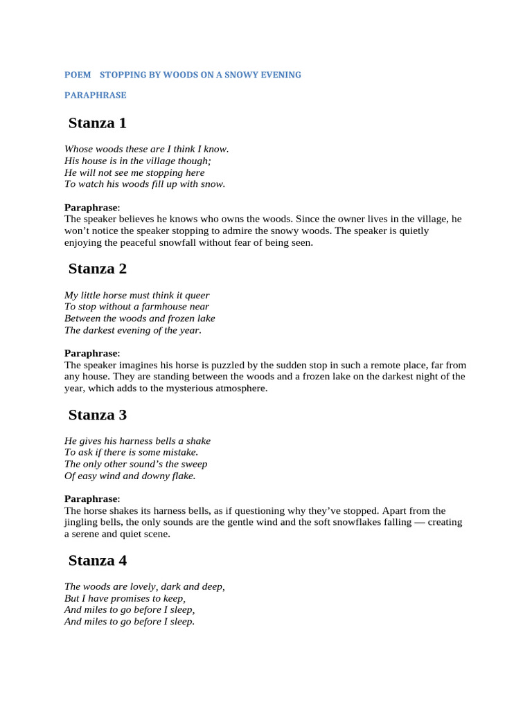 Poem Stopping by Woods On A Snowy Evening | PDF | Poetry