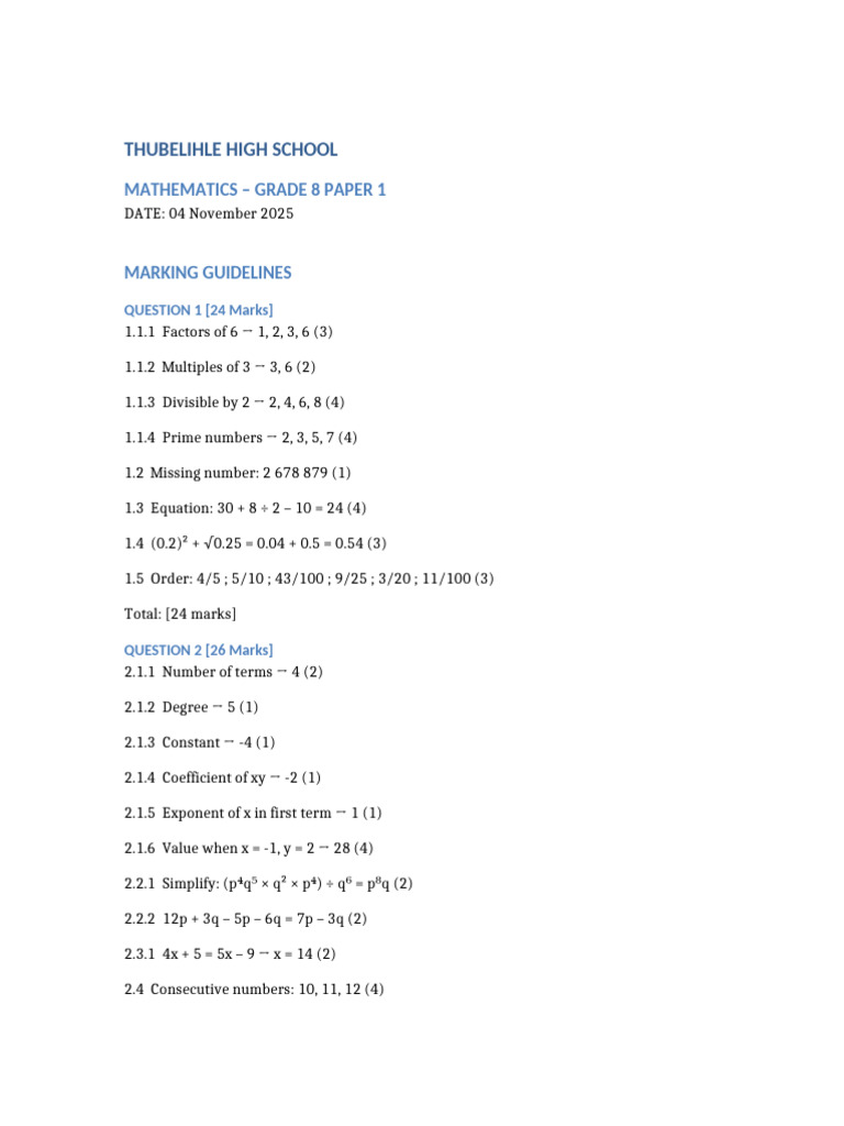 Grade 8 Math Exam Paper 1 Guide | PDF