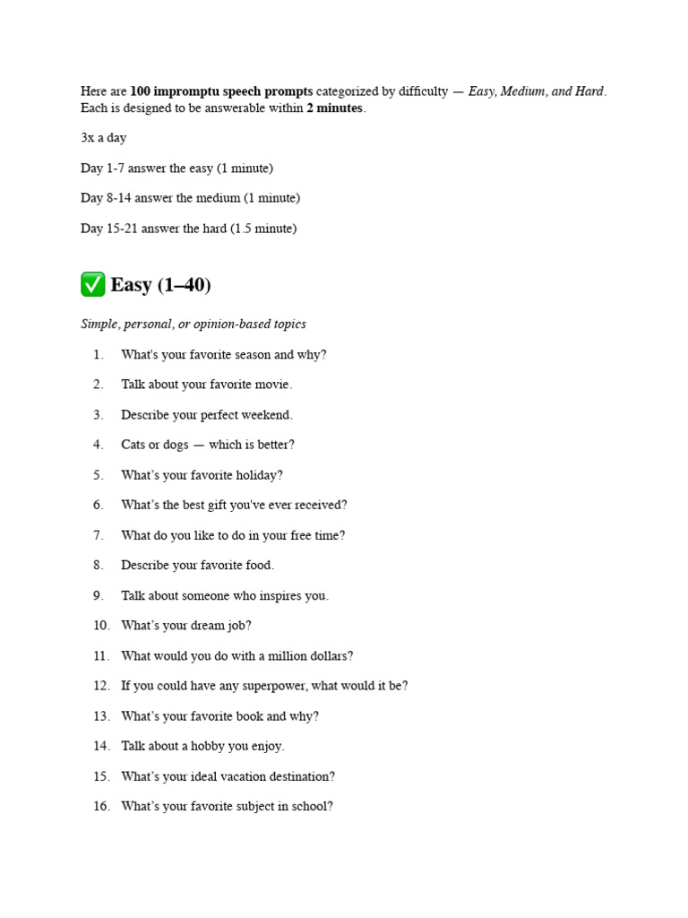 100 Impromptu Speech Prompts Guide | PDF