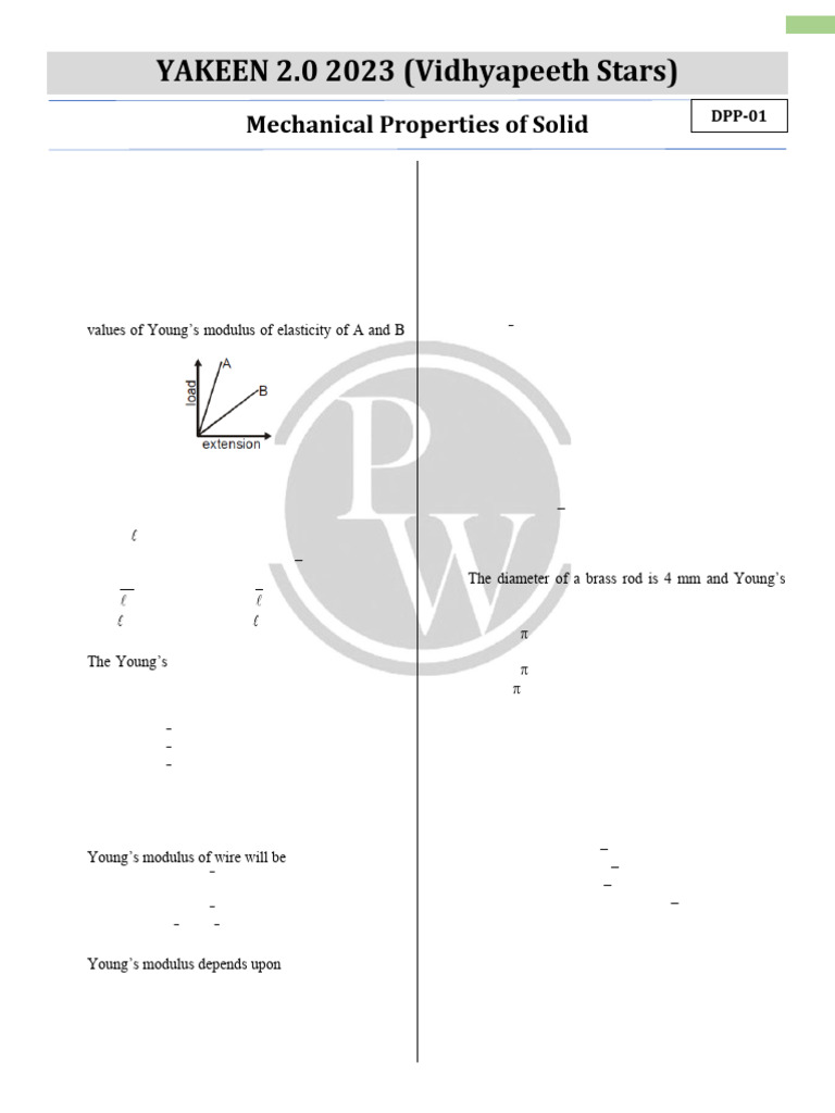 Mechanical Properties of Solids DPP 01of Lec 02 Yakeen 2-0-2023 | PDF ...
