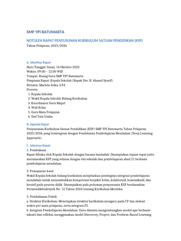 Notulen Rapat Kurikulum SMP YPI 2025 | PDF