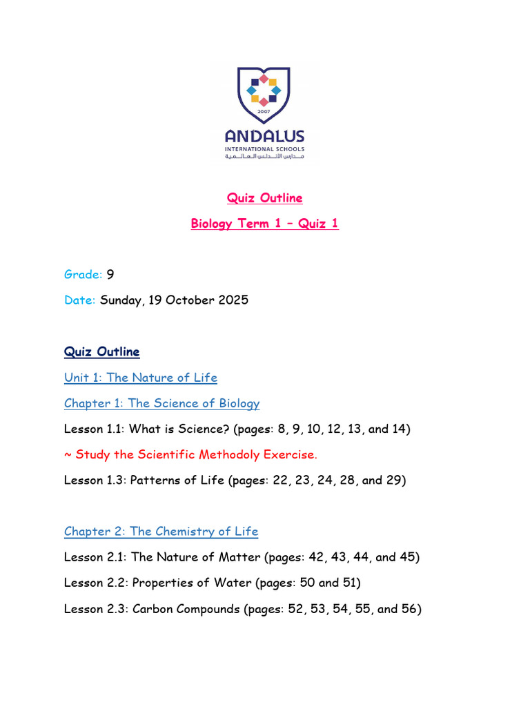 Biology Focus Area - Grade 9 | PDF