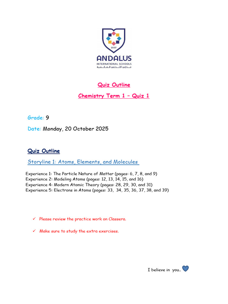 Grade 9 Chemistry Quiz Outline | PDF