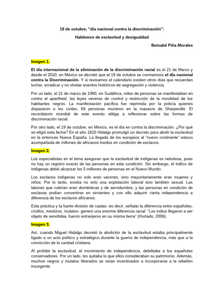 19 de Octubre Dia Nacional Contra La Disciminación. Betsabé Piña | PDF | Esclavitud | México