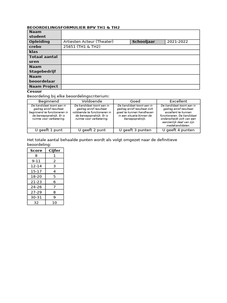 Beoordelingsformulier BPV Th1 & Th2 | PDF