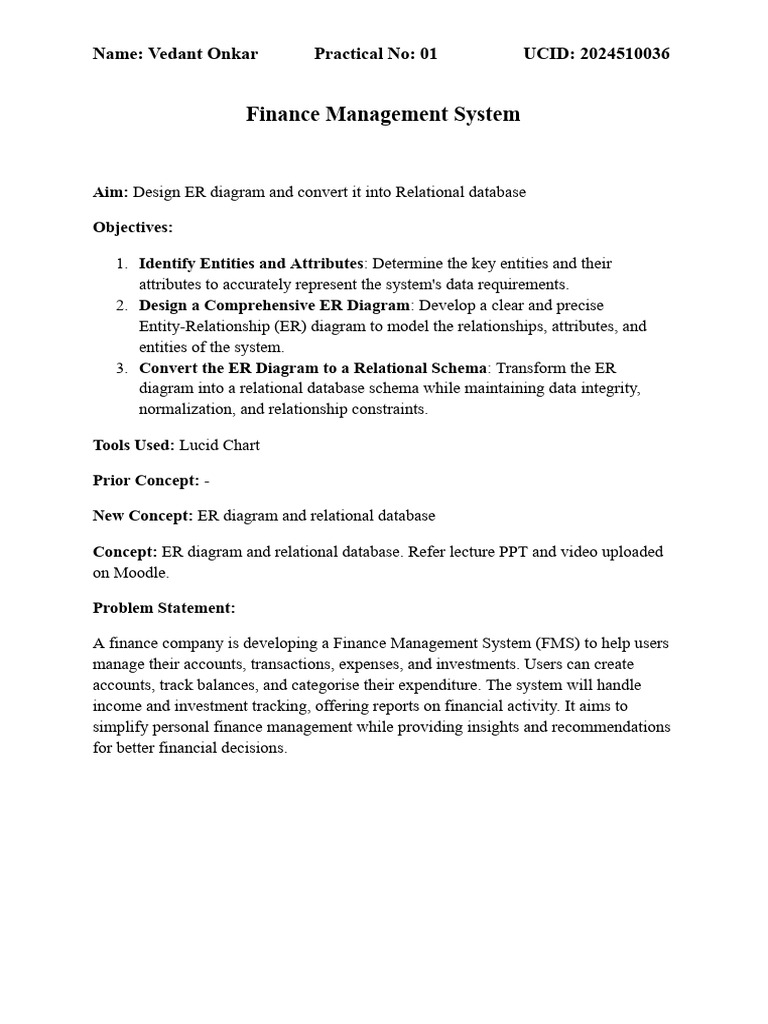 Finance Management System E-R Diagram | PDF | Relational Database ...