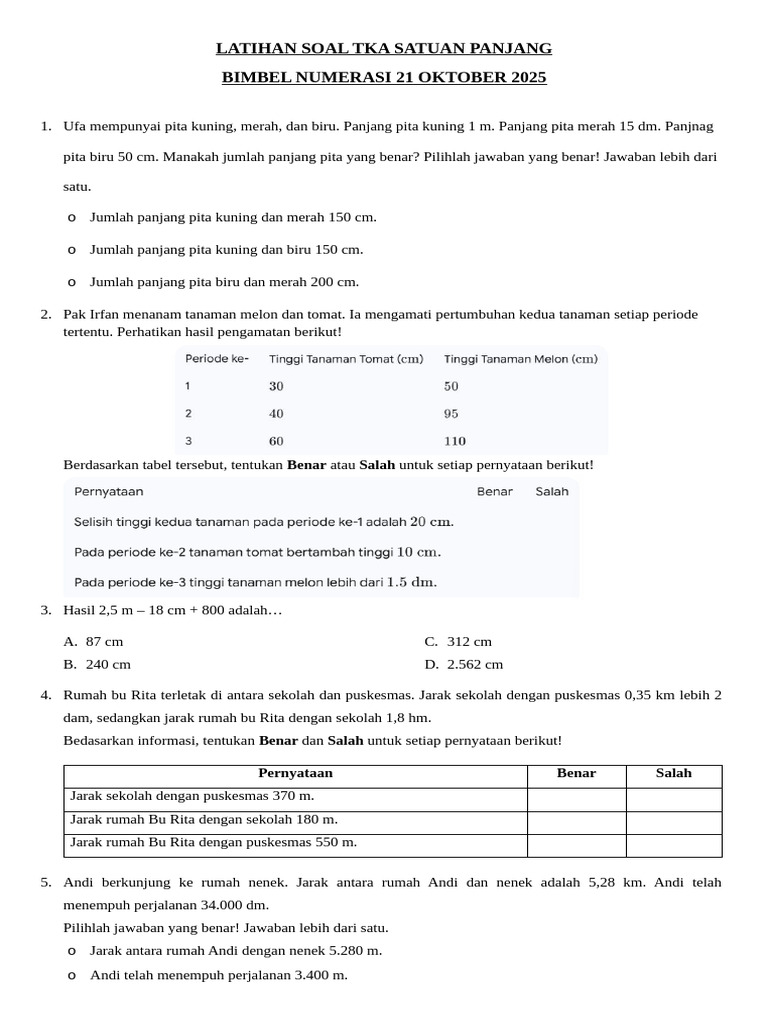 Soal TKA Satuan Panjang untuk Bimbel | PDF