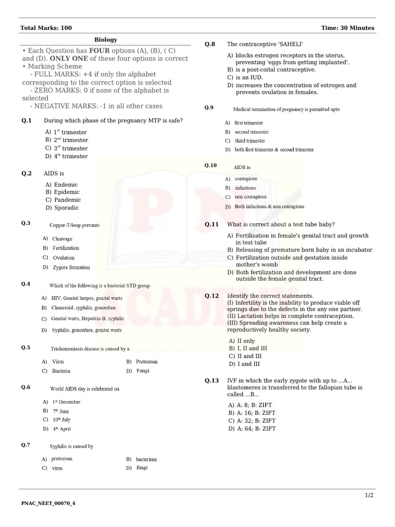 PNAC NEET 00070 4 Question Paper | PDF | Ovary | Luteinizing Hormone