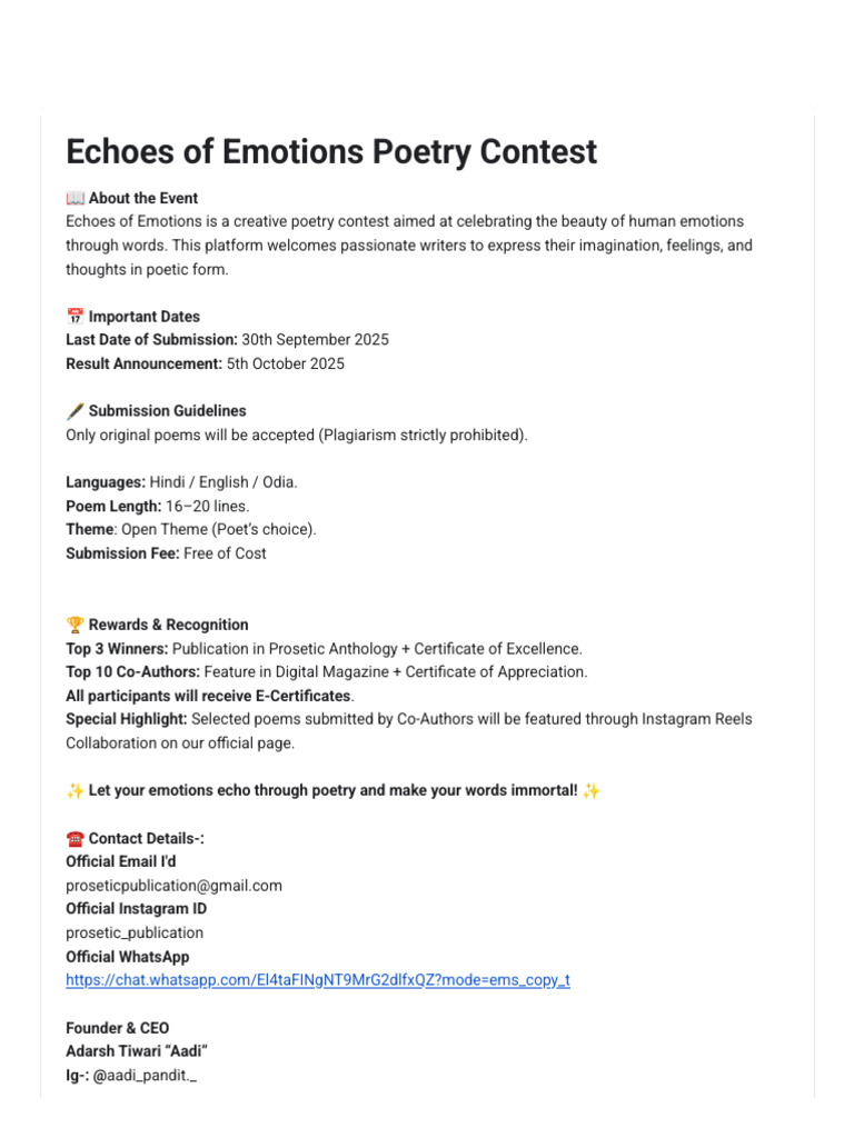 Manalisha Behera Echoes of Emotions Poetry Contest | PDF | Poetry | Writing
