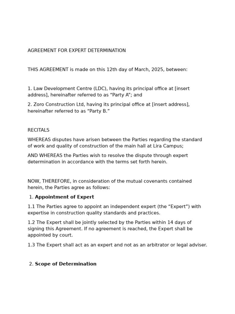 Expert Determination Agreement for Construction Dispute | PDF | Common ...