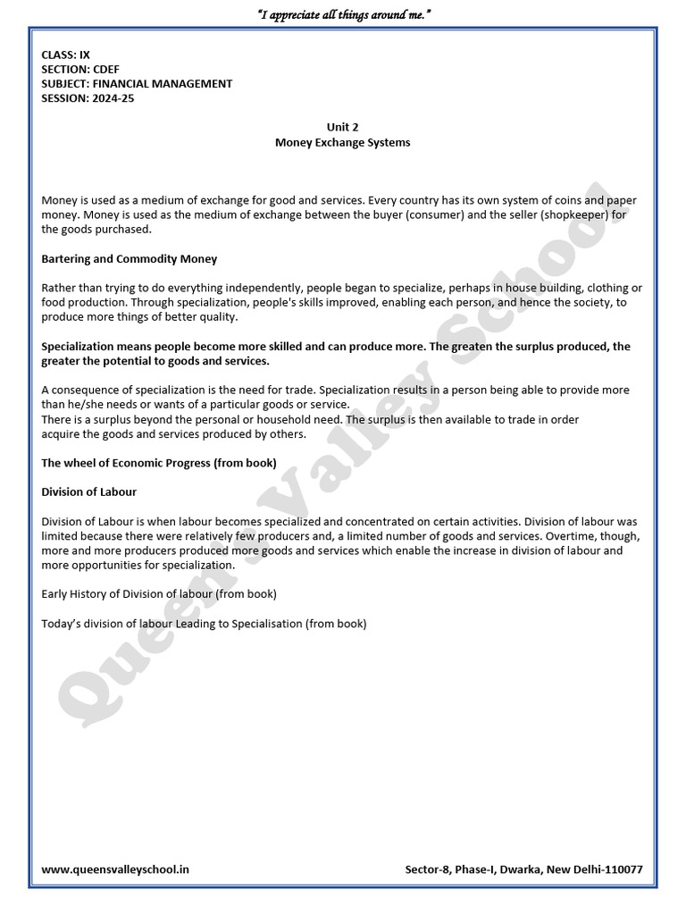 IX Financial Management L-2 Money Exchange Systems Notes | PDF