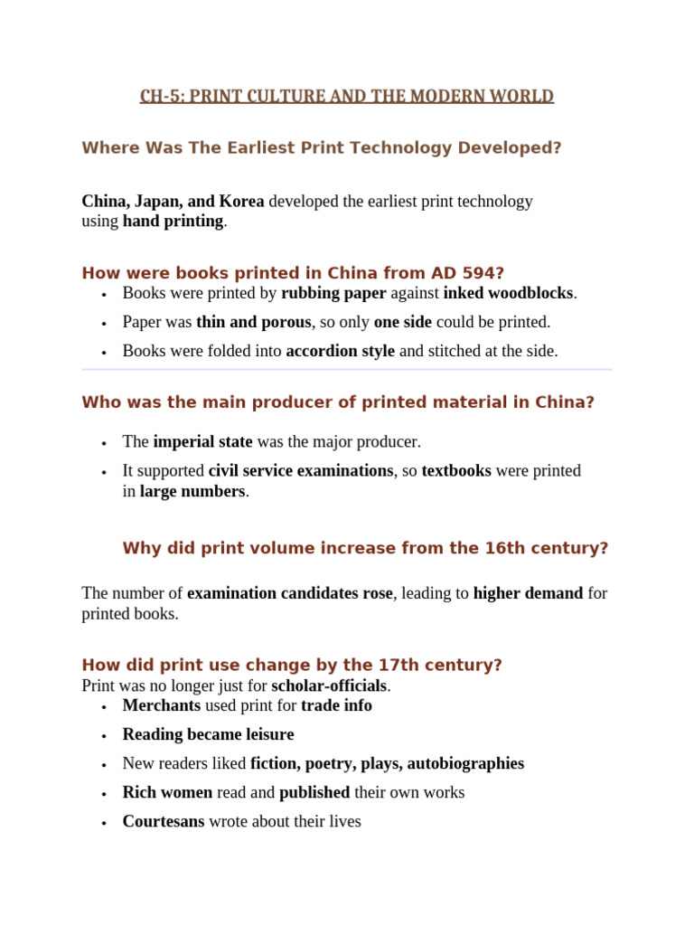 Class 10 - Print Culture Notes | PDF | Printing | Books