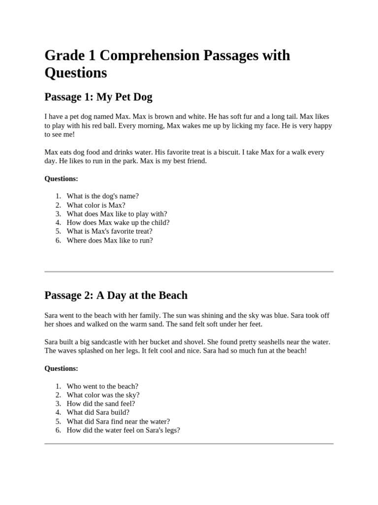 Grade 1 Reading Comprehension Passages | PDF | Classroom | Baking