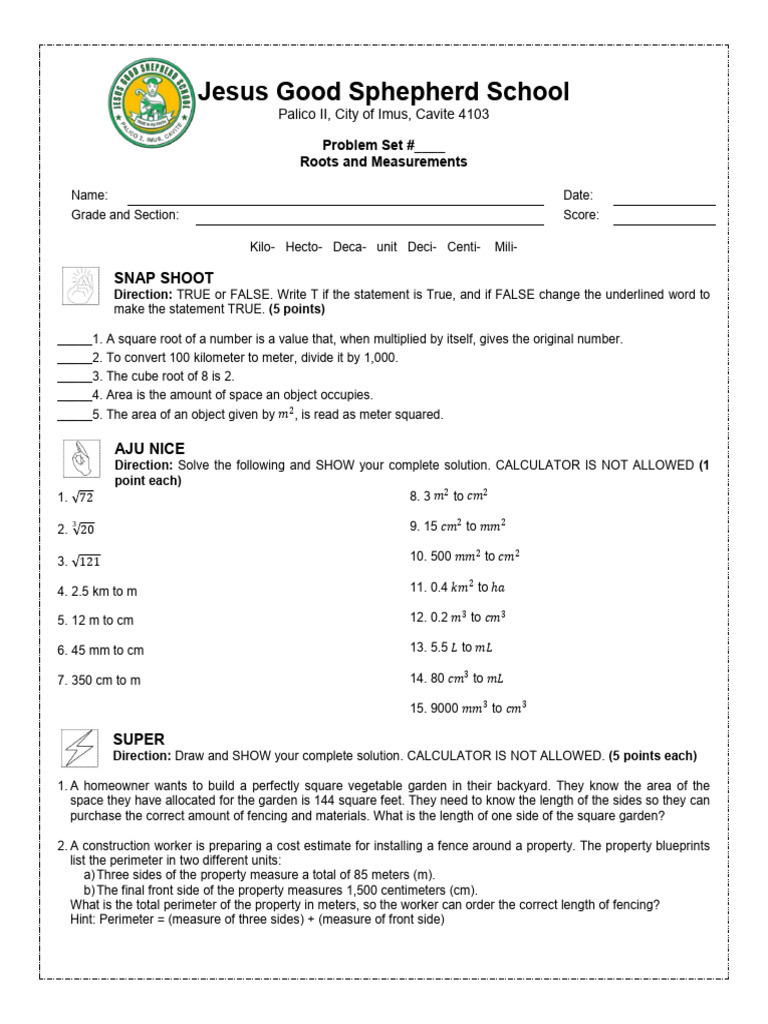 Roots and Measurements Problem Set | PDF