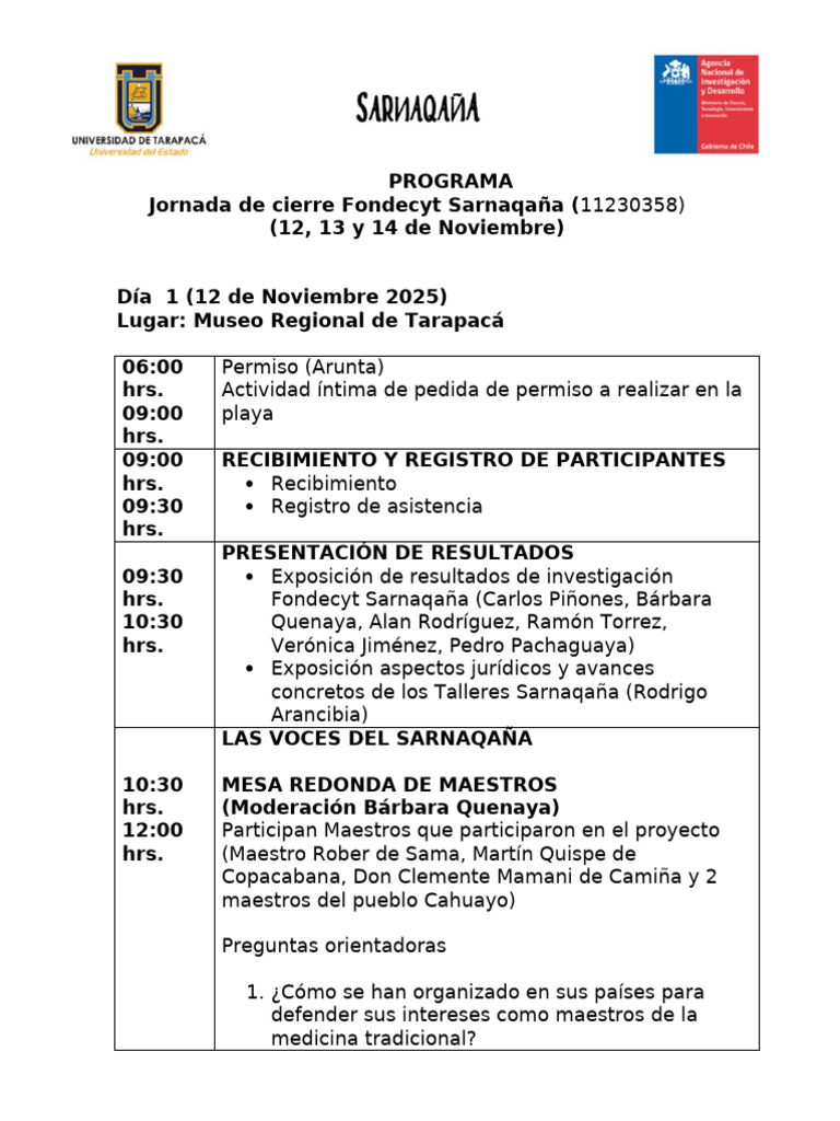 Propuesta Programa Actividad de Cierre Fondecyt Sarnaqaña | PDF